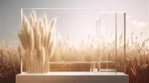 고요한 자연 경관 속에 제품 디스플레이 연단 세트가 있는 젖빛 유리 배경의 3d 렌더링 연단 배경 그린 필드 배경 레이 배경 이미지 Hd 연단 그린 필드 레이