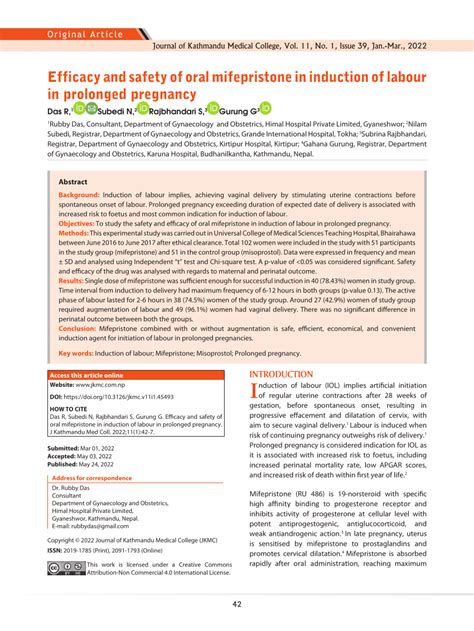 Pdf Efficacy And Safety Of Oral Mifepristone In Induction Of Labour In Prolonged Pregnancy