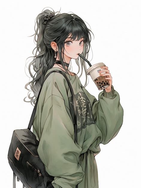 Premium Photo Anime Girl With Long Black Hair Drinking A Drink And