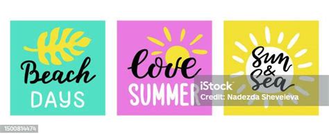 해변의 날 사랑의 여름 태양과 바다의 손으로 그린 글자 따옴표 사각형 카드 몬스테라 리프 플랫 스타일 그림입니다 재미있는 손으로 쓴 문구 Eps 10 벡터 엽서 디자인