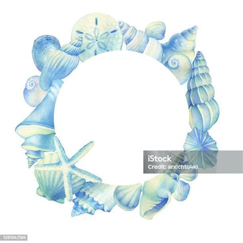 배너 수중 생명 물체와 둥근 프레임 푸른 바다 조개 해양 디자인 흰색 배경에 격리 된 수채화 손 그린 그림 그림 그림 고풍스런에