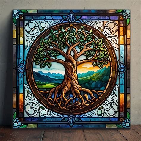 Stained Glass Tree Of Life Wall Art Yggdrasil Canvas Mandala Wall Art
