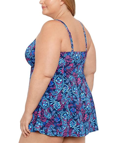 Swim Solutions Plus Size Tummy Control Printed Tie Waist Swim Dress