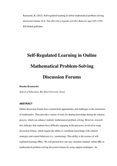 Pdf Self Regulated Learning In Online Mathematical Problem Solving Discussion Forums