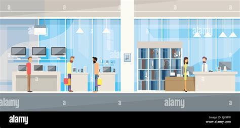 Customers With Assistant In Modern Electronics Store Shop Stock Vector