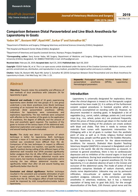 Pdf Comparison Between Distal Paravertebral And Line Block Anesthesia For Laparotomy In Goats