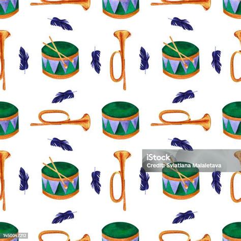 드럼과 트럼펫 Mardi Gras는 고립된 흰색 배경에 수채화 패턴을 손으로 그렸습니다 카드 디자인 초대장 스크랩북 패브릭 인쇄에 적합합니다 Mardi Gras에 대한 스톡