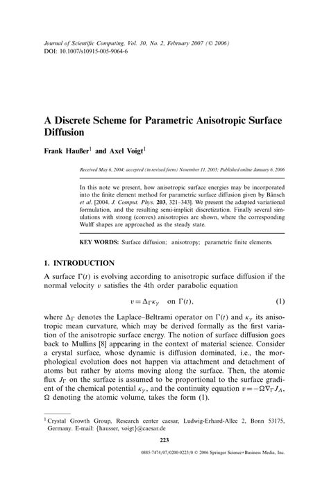 Pdf A Discrete Scheme For Parametric Anisotropic Surface Diffusion
