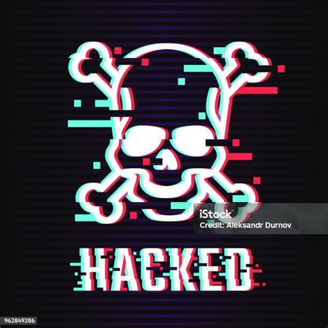 해킹된 결함 텍스트입니다 어두운 배경에 결함 스타일에서 두개골과 뼈 그림 해커의 공격에 대 한 경고 해 적 부호입니다 벡터 Eps 10 컴퓨터 해커에 대한 스톡 벡터 아트