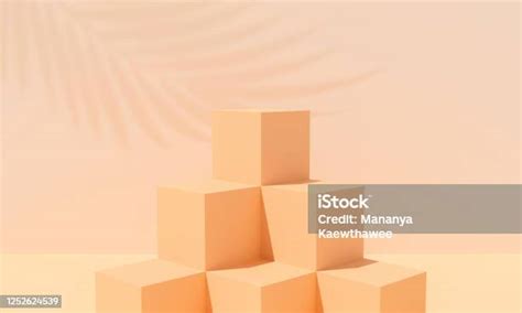 야자 수 잎 벽 배경에 추상 갈색 큐브 디스플레이 제품 및 배너용 3d 렌더링 베이지 색 연단빈 상자 모형 광고를위한 빈 쇼케이스 최소한의 여름 창조적 인 아이디어 받침대에