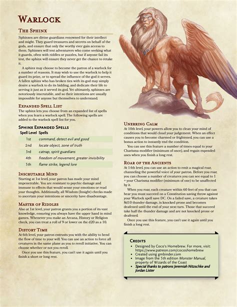 Dandd 5e Warlock Sphinx Patron Homebrew Subclass Dungeon Masters Guide
