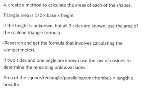 4 Create A Method To Calculate The Areas Of Each Of Chegg Com