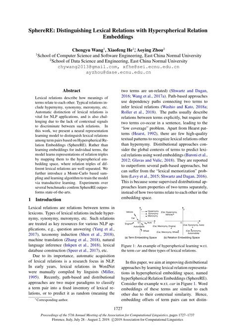 Pdf Spherere Distinguishing Lexical Relations With Hyperspherical Relation Embeddings
