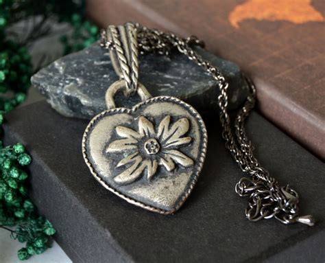 Vintage Brutalist Heart Pendant Silver Tone Flower Necklace Etsy