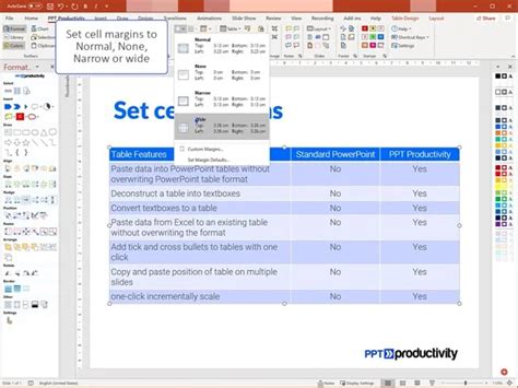 how to adjust all column width in powerpoint table of contents
