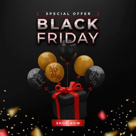 선물과 빛나는 풍선이 있는 현실적인 검은 금요일 판매 배너 프리미엄 벡터