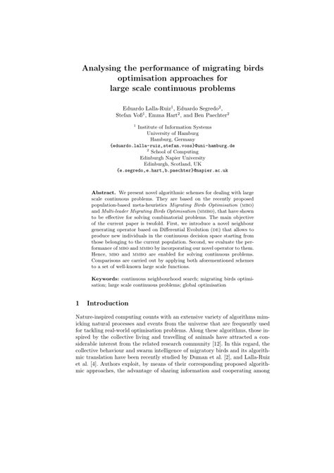 Pdf Analysing The Performance Of Migrating Birds Optimisation Approaches For Large Scale