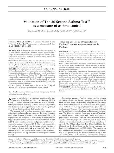 Pdf Validation Of The 30 Second Asthma Test Tm As A Measure Of Asthma Control