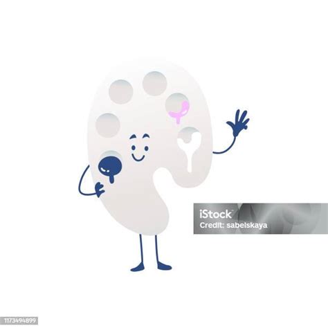 흰색 배경에 고립 된 손을 흔들며 만화 캐릭터를 페인트 팔레트 가공의 인물에 대한 스톡 벡터 아트 및 기타 이미지 가공의 인물 감정 개념 Istock