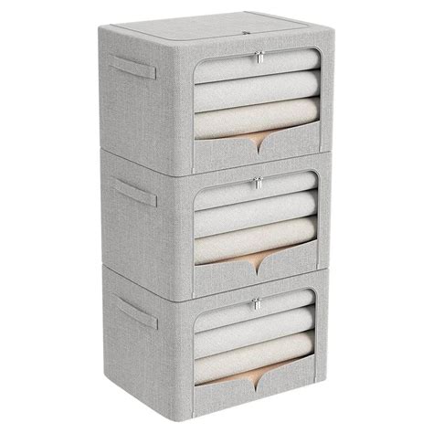 70 Qt Linen Clothes Storage Bin With Lid In Light Gray 3 Pack A46a1