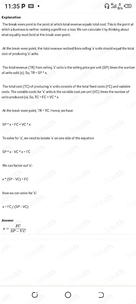 Solved Efmac8 12025 Given The Following Notations Write A Formula For X The Break Even