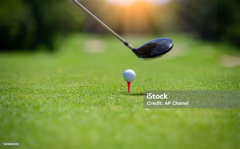 골프 코스 배경 녹색 나무 태양 광선구멍 근처 골프 핀 녹색 잔디에 흰색 골프 공 골프에 대한 스톡 사진 및 기타 이미지