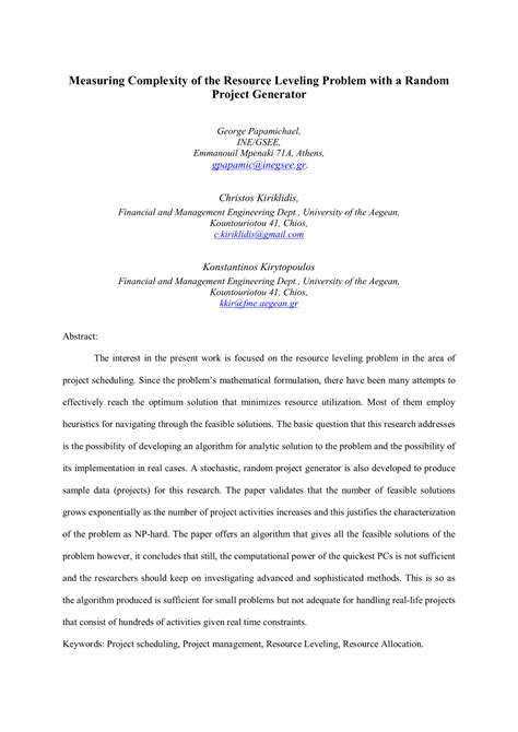Pdf Measuring Complexity Of The Resource Leveling Problem With A