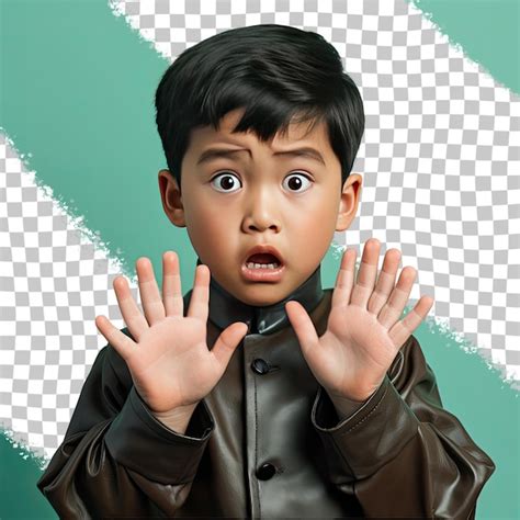 아시아 인종의 짧은 머리카락을 가진 놀란 어린이 소년은 Blacksmith 의상을 입고 Pastel Green 배경에 Close Up Of Hands 스타일로 포즈를