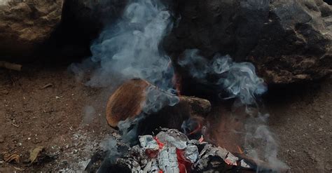 검게 탐 경치 경치가 좋은 광야 광야 생활 나무 담배를 피우다 때 락 러스틱 바위 불 불 빛 불꽃 불씨 불씨가 빛나다 생존 숯 야생 야외