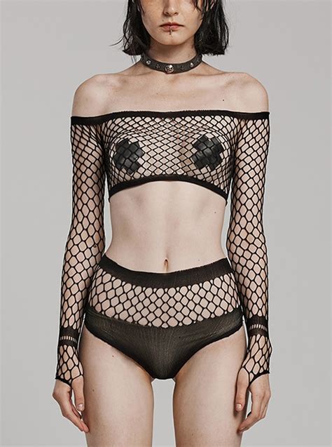 Sexy Black Super Elastic Mesh Yarn Punk Style See Through T Shirt Suit Magic Wardrobes