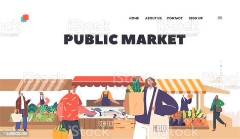 공개 시장 방문 페이지 템플릿입니다 신선한 제품을 쇼핑하는 사람들과 함께 음식 박람회 포장 마차 주인은 자신의 상품을 표시합니다 도시에 대한 스톡 벡터 아트 및 기타 이미지