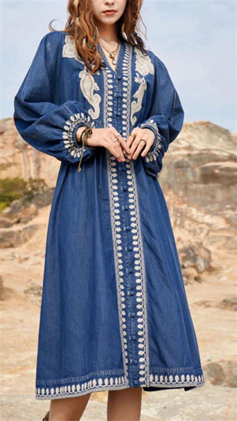 Women Navy V Neck Embroidered Patchwork Denim Maxi Dresses Spring