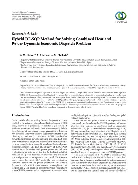 Pdf Hybrid De Sqp Method For Solving Combined Heat And Power Dynamic Economic Dispatch Problem