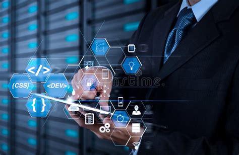 Businessman Using Tablet Computer And Server Room Background Stock Image Image Of Display