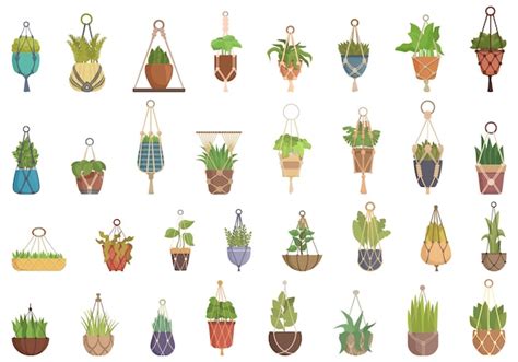 Premium Vector Macrame Plant Hanger Icons Set Cartoon Vector Home Macrame