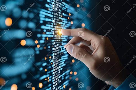 Hand Touching A Point On A Digital Binary Code Interface Stock Image Image Of Software Data