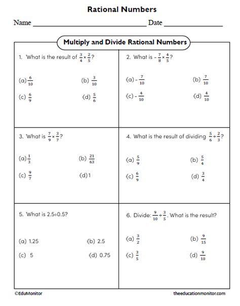 Multiply And Divide Rational Numbers Eighth Grade Math Worksheet