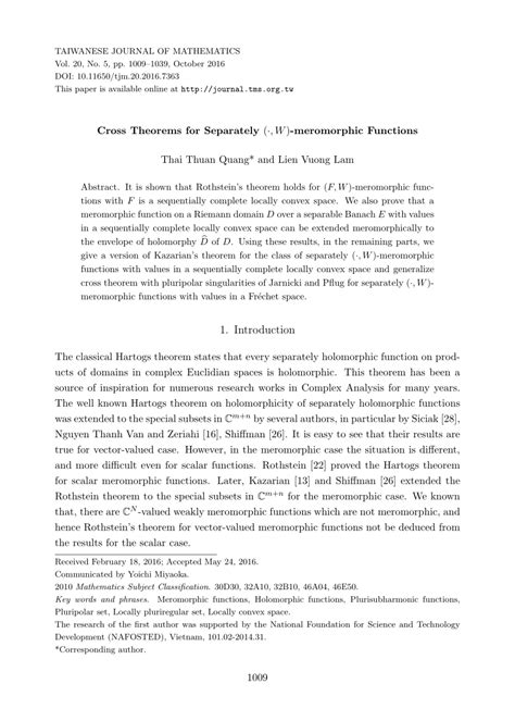 Pdf Cross Theorems For Separately Cdot W Meromorphic Functions