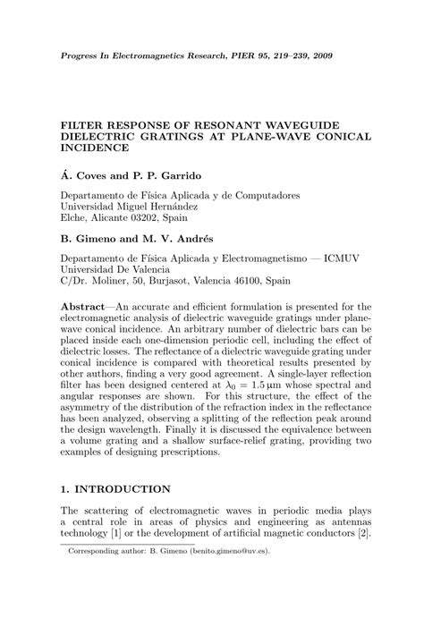 Pdf Filter Response Of Resonant Waveguide Dielectric Gratings At Plane Wave Conical Incidence