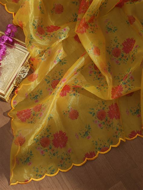 Yellow Digital Printed Tissue Organza Silk Dupatta With Scalloped