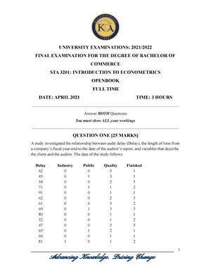 Past Paper For Introduction To Econometrics UNIVERSITY EXAMINATIONS Babe OF
