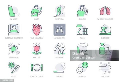 천식 선 아이콘 벡터 일러스트는 아이콘을 포함 흡입기 기침 꽃가루 먼지 폐 독감 엑스레이 빈맥 알레르겐에 대한 호흡 윤곽 그림 녹색과 빨간색 편집 가능한 스트로크 선