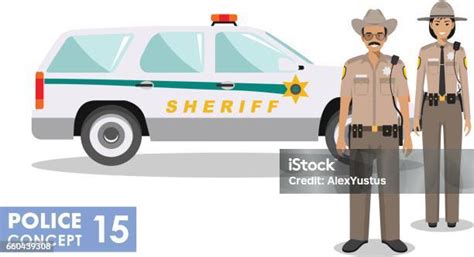 경찰 개념입니다 미국 경찰관 및 흰색 배경에 플랫 스타일에 경찰 차 근처 함께 서 경위의 상세한 그림 벡터 일러스트입니다 감시에 대한 스톡 벡터 아트 및 기타 이미지