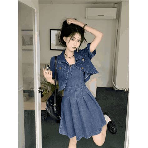 러버블유 Sm 나시 청 미니원피스 반팔 데님 자켓 투피스 코디 셋업 스퀘어넥 하이웨이스트 A라인 프릴 주름 핀턱 슬림핏 민소매 드레스 반팔 크롭 하이앤드 폴로카라