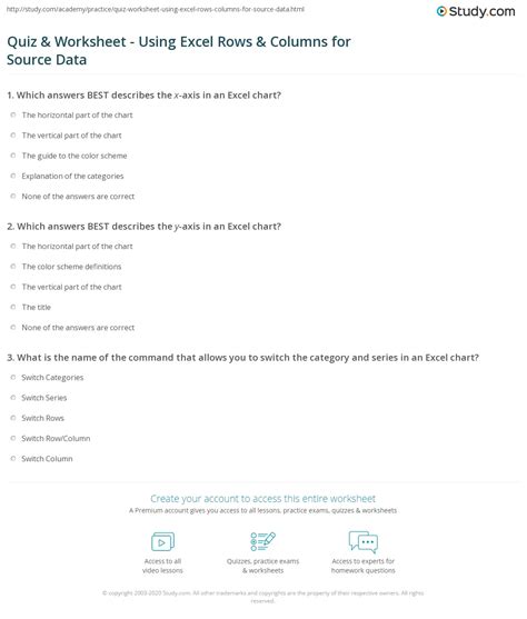 Quiz And Worksheet Using Excel Rows And Columns For Source Data