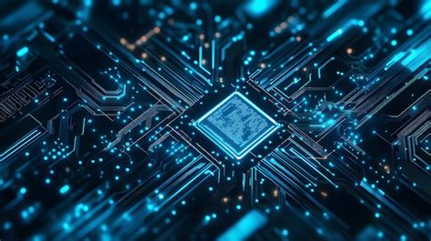 Futuristic Microchip On A Hightech Blue Circuit Board Representing Advanced Computing Technology