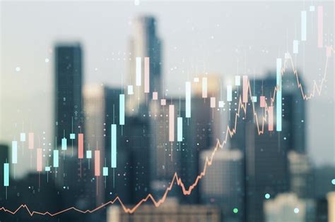 흐릿한 사무실 건물 배경 은행 및 회계 개념에 대한 가상 창의적 재무 다이어그램의 이중 노출 프리미엄 사진