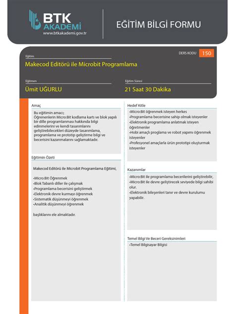 Makecod Editörü Ile Microbit Programlama Eğitimi Bilgi Formu Pdf