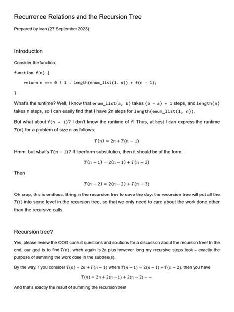 Recurrence Relations And The Recursion Tree Pdf