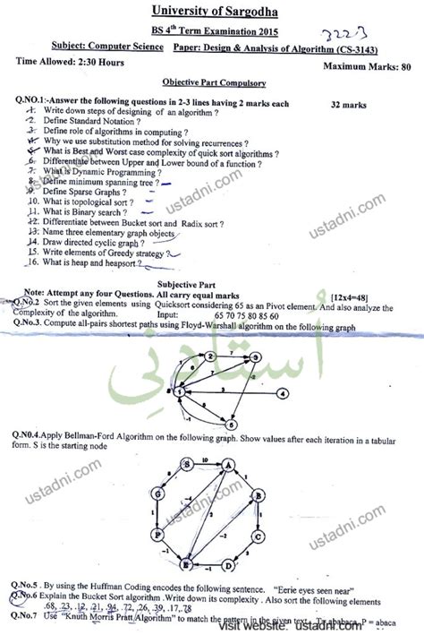 Design And Analysis Of Algorithm Bscs 2015 Paper3 Uos Past Papers